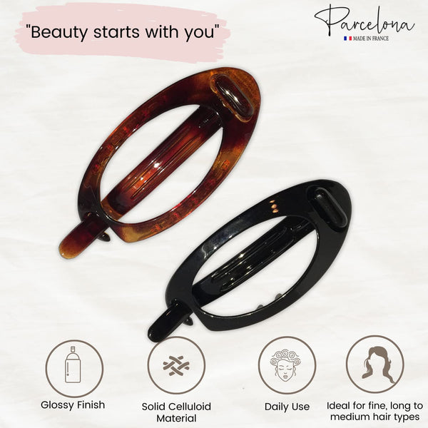 Parcelona French Plain Oval Small Celluloid Set of 2 Metal Free Hair B ...